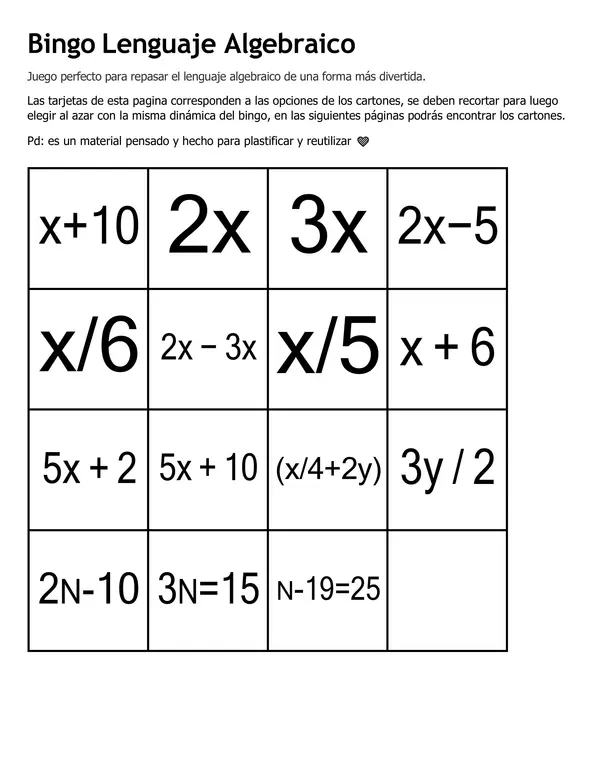 Bingo lenguaje algebraico | profe.social