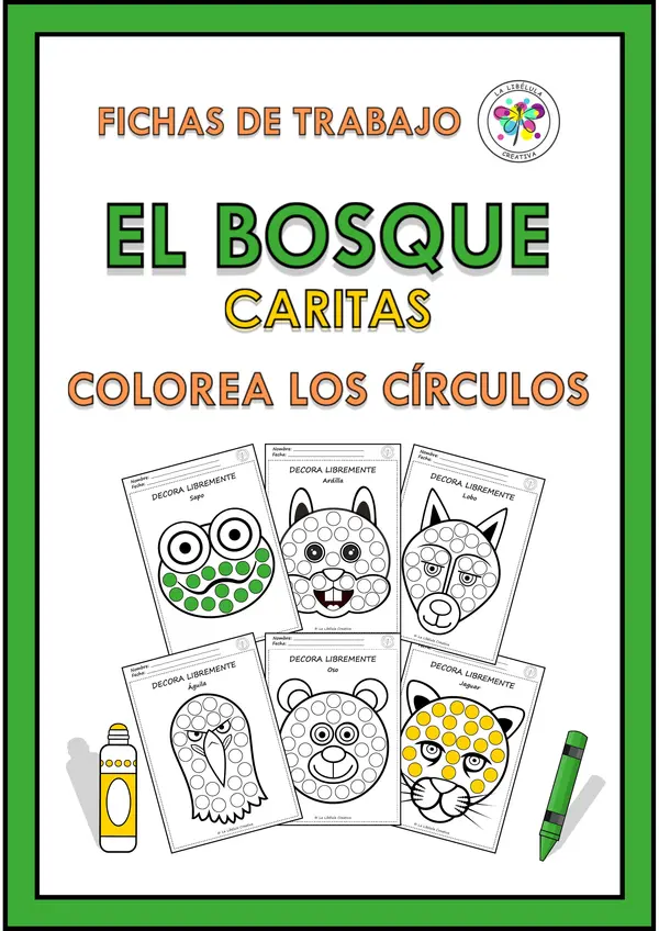 Fichas colorear círculos animales bosque salvajes caras | profe.social