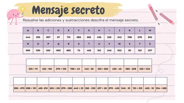 Descifra el mensaje secreto: adición y sustracción hasta 3 dígitos ...