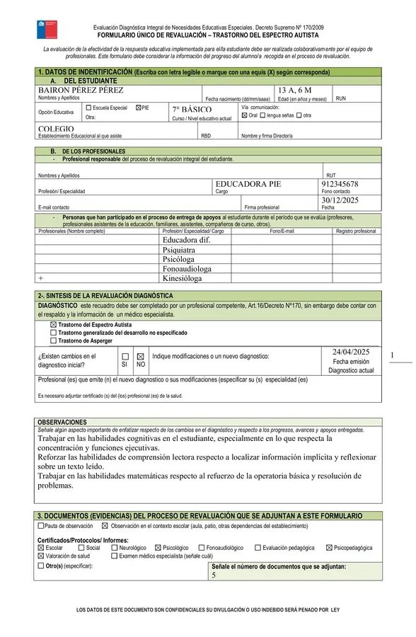 Formulario FUR (Reevaluación PIE) TEA - NEEP | profe.social