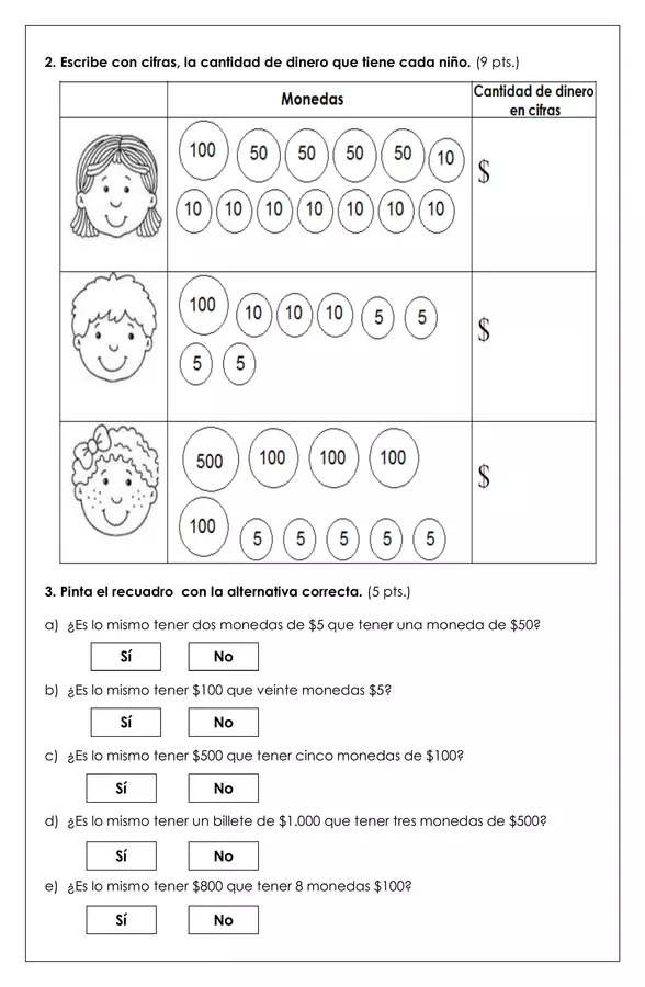 Prueba 2° básico - Sistema monetario | profe.social