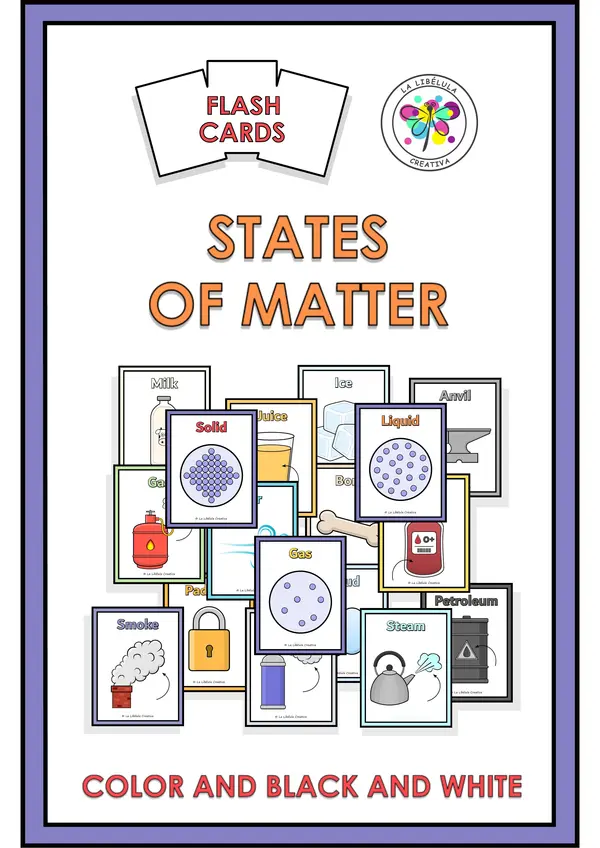 Flash cards state of matter science solid liquid gas color bw | profe ...