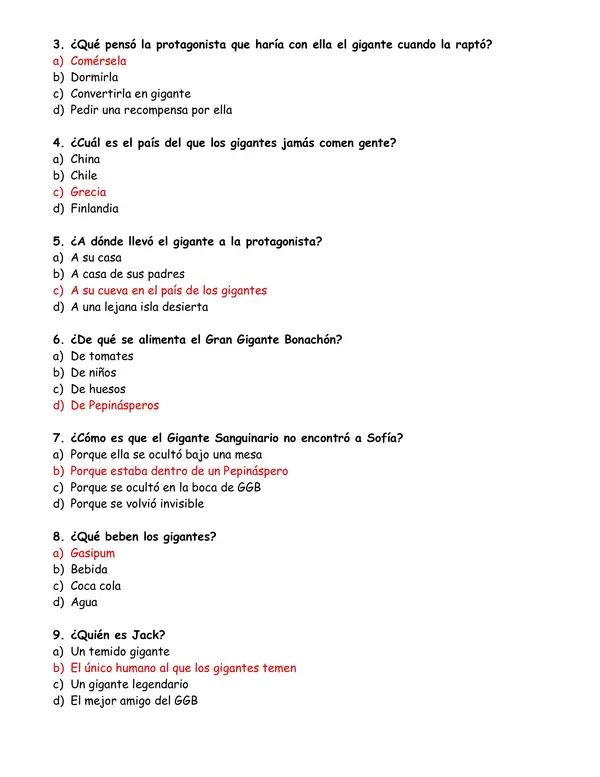 Prueba de lectura "El gran gigante bonachón" | profe.social