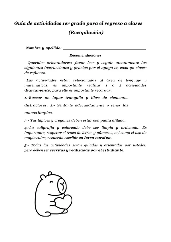 Guia de actividades para el regreso a clase 1er grado. | profe.social