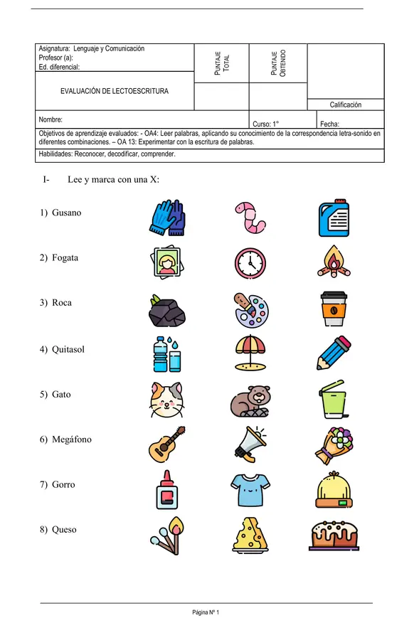 Evaluación de lectoescritura: M - P - L - S - T - D - N - F - C - Q - R - G (ga-go-gu) | profe ...