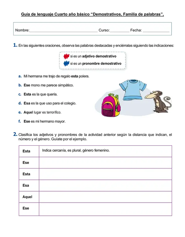Guía Adjetivo y Pronombre demostrativos, interrogativos, familia de ...