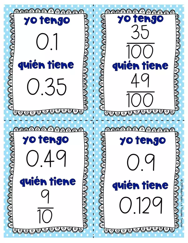 Relaciona decimales y fracciones juego Yo Tengo... Quien tiene ...