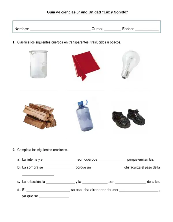 Guía de ciencias 3°año "Luz y Sonido" | profe.social