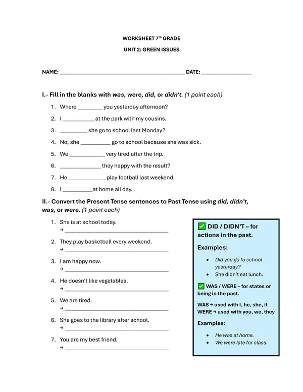 Worksheet "was, were, did or didn't" | profe.social
