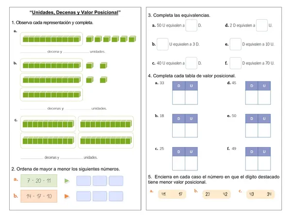 Guía de matemática 1°año "Valor posicional, Unidades y Decenas" | profe ...