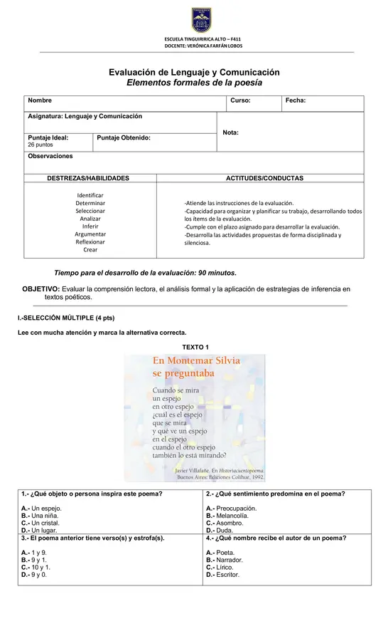 Prueba elementos de la poesía | profe.social