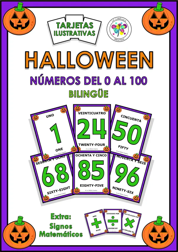 Tarjetas Ilustrativas Números Halloween Bilingüe Signos matemáticos ...