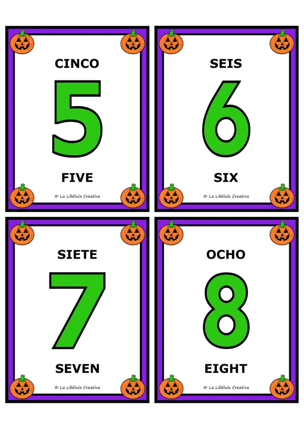 Tarjetas Ilustrativas Números Halloween Bilingüe Signos matemáticos ...