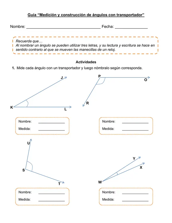 Guía "Medición y construcción de ángulos con transportador" 4° básico ...
