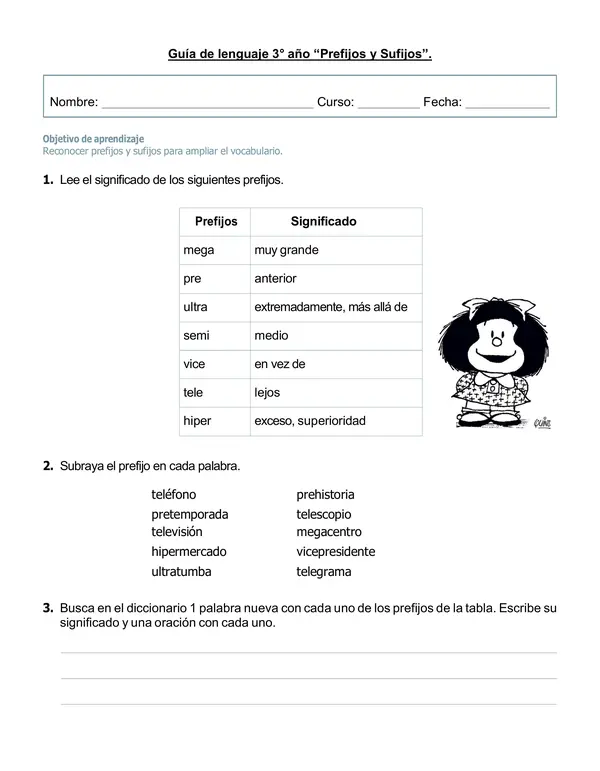 Guía de lenguaje 3°año "Prefijo y Sufijo" | profe.social