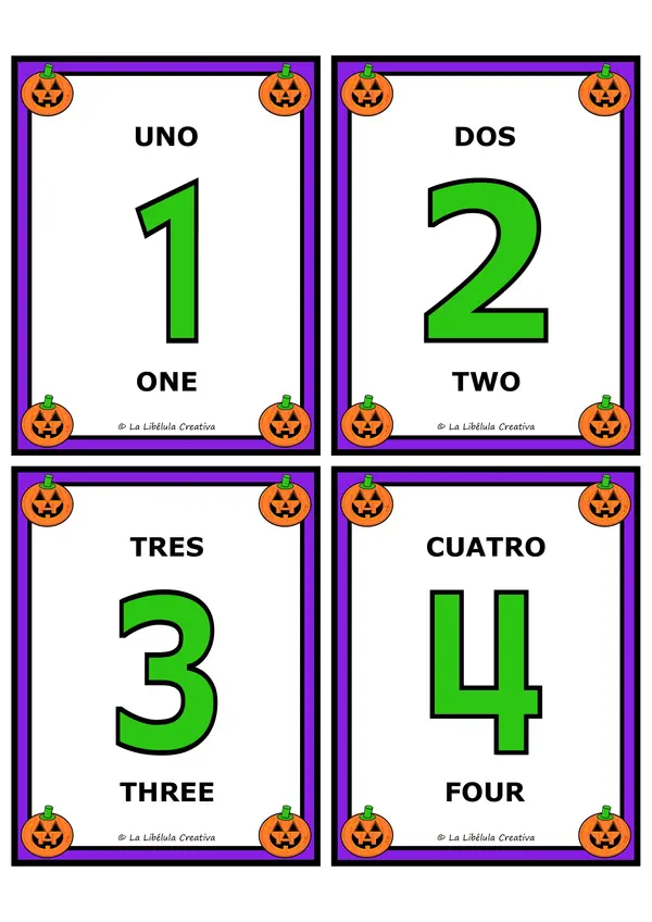 Tarjetas Ilustrativas Números Halloween Bilingüe Signos matemáticos ...