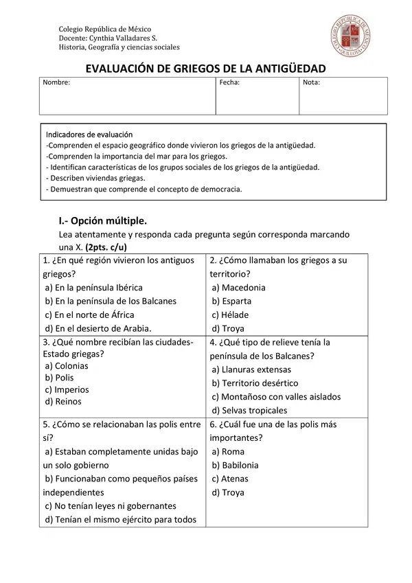 Prueba de la antigua Grecia | profe.social