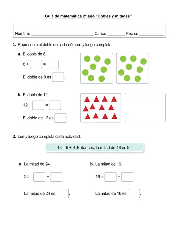 Guía de matemática 2° año "Dobles y Mitades" | profe.social