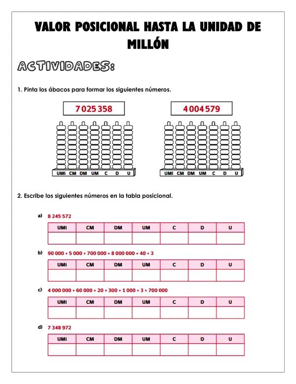 Guía de trabajo - Valor posicional hasta la unidad de millón | profe.social