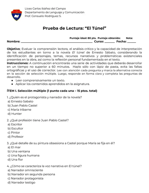 PRUEBA DE LECTURA "ÉL TÚNEL" | profe.social