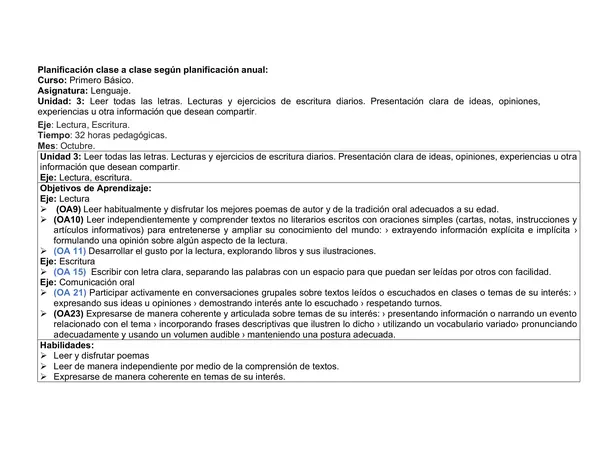 Planificación Mensual Clase a Clase, Lenguaje,OCTUBRE, unidad 3 | profe.social