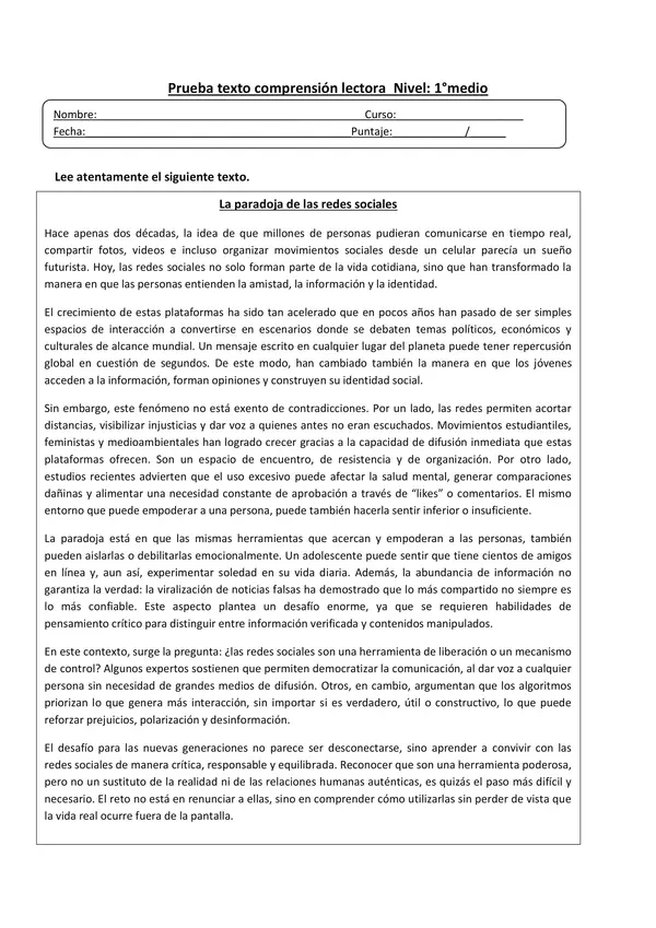 prueba o guia de comprensión lectora 1°medio | profe.social