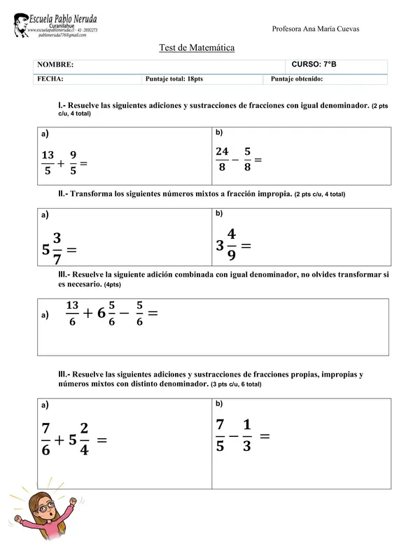 Test suma y resta de fracciones y números mixtos con igual y diferente ...