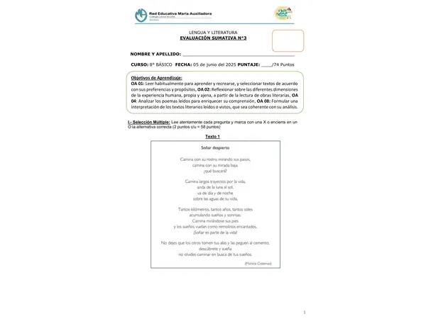 Evaluación comprensión lectora, oración/frase, sujeto y predicado - 7° Básico | profe.social