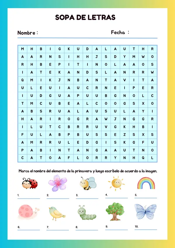 Sopa de letras y conceptos - Primavera | profe.social