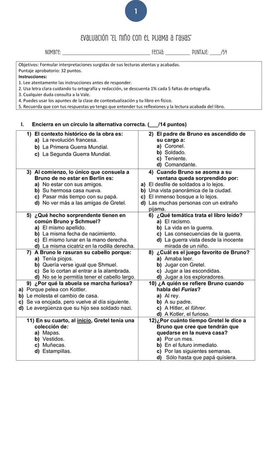 Prueba de lectura: el niño con el pijama de rayas | profe.social