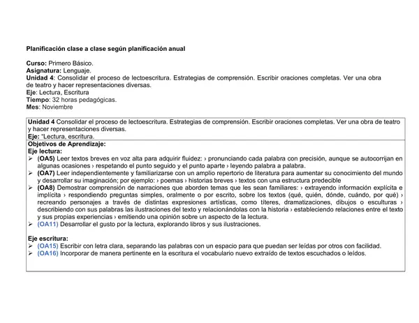 Planificación Mensual Clase a Clase, Lenguaje, NOVIEMBRE, unidad 4 | profe.social