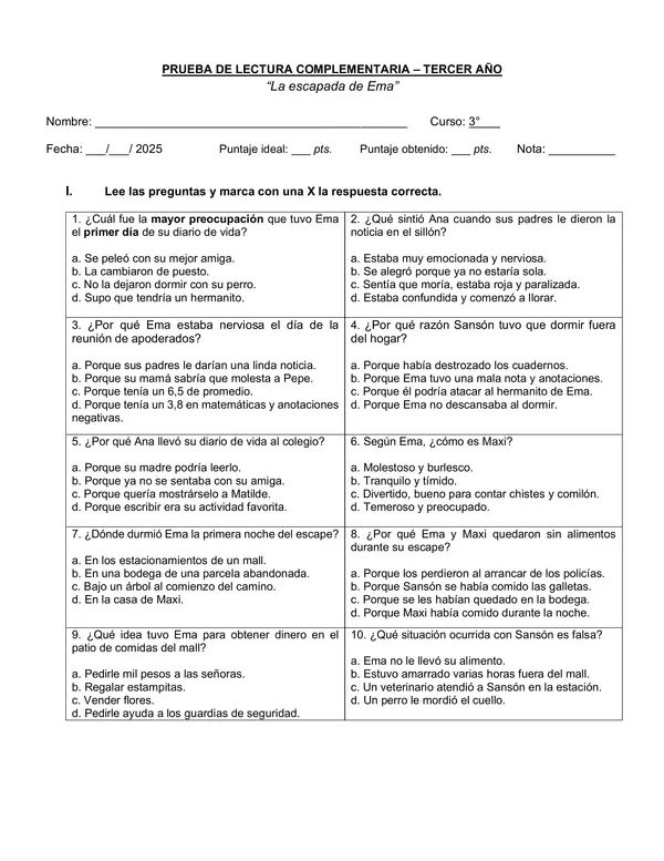 Prueba de lectura complementaria "La escapada de Ema" | profe.social