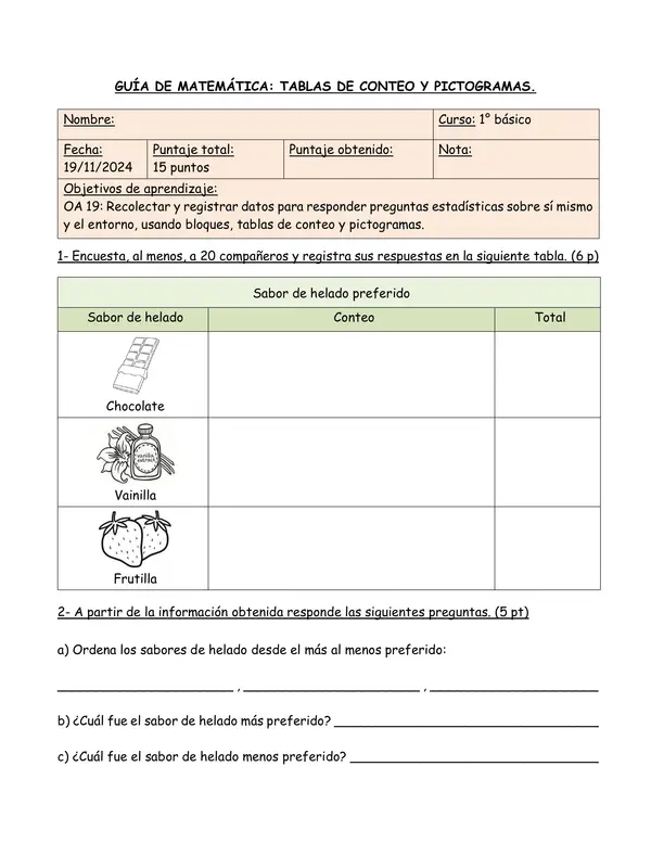 Guía pictogramas y tablas de conteo | profe.social