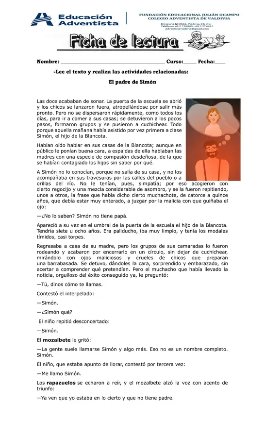 Ficha de lectura- el padre Simon. | profe.social