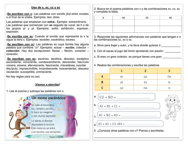 Guía de lenguaje 4° año ortografía "Uso de x, sc, xc, y cc" | profe.social