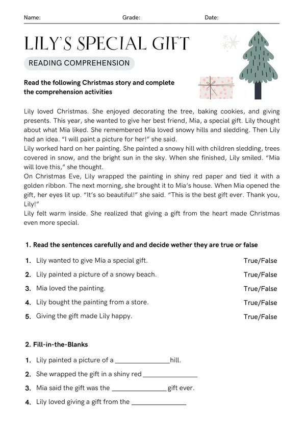 Reading comprehension Lily's special gift | profe.social