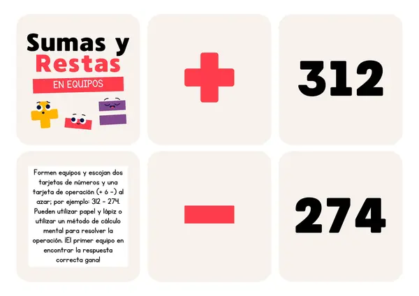 Tarjetas para practicar sumas y restas de tres cifras | profe.social