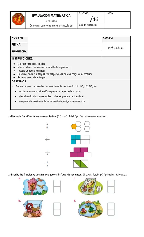 Prueba Fracciones Tercero Básico | profe.social