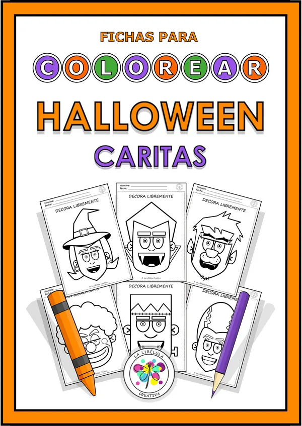 Fichas colorear halloween caras personajes BW | profe.social