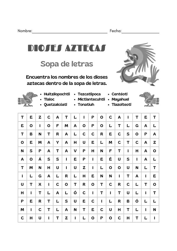 Sopa de letras dioses aztecas | profe.social