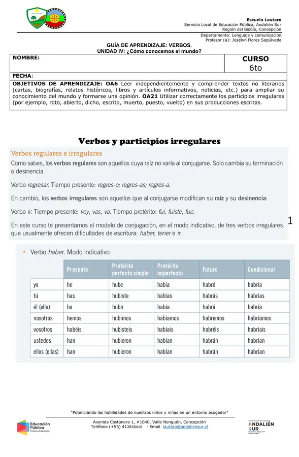 GUÍA DE APRENDIZAJE: VERBOS. UNIDAD IV: ¿Cómo conocemos el mundo ...