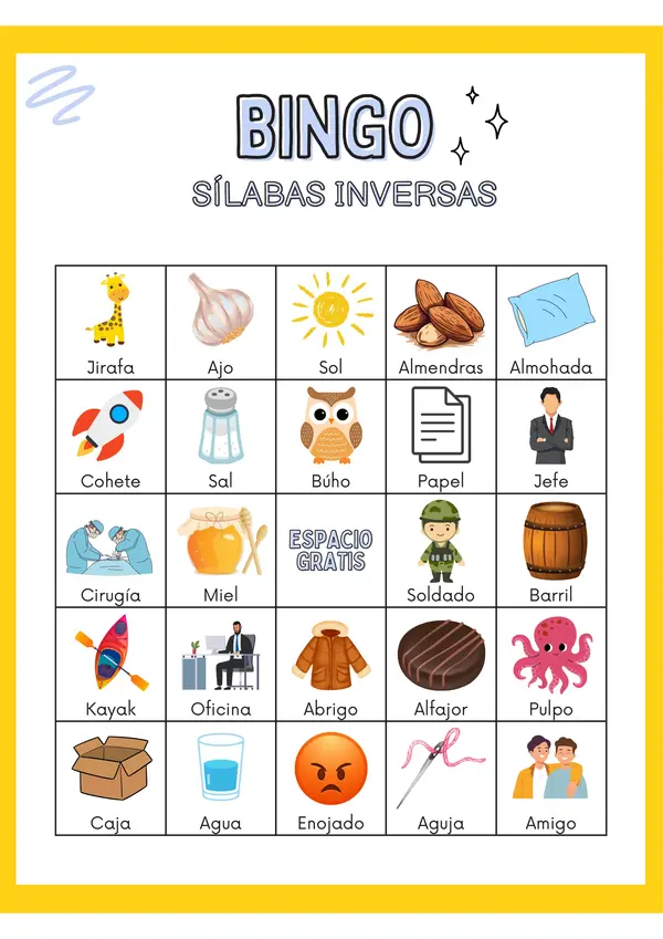 Bingo de Sílabas inversas | profe.social