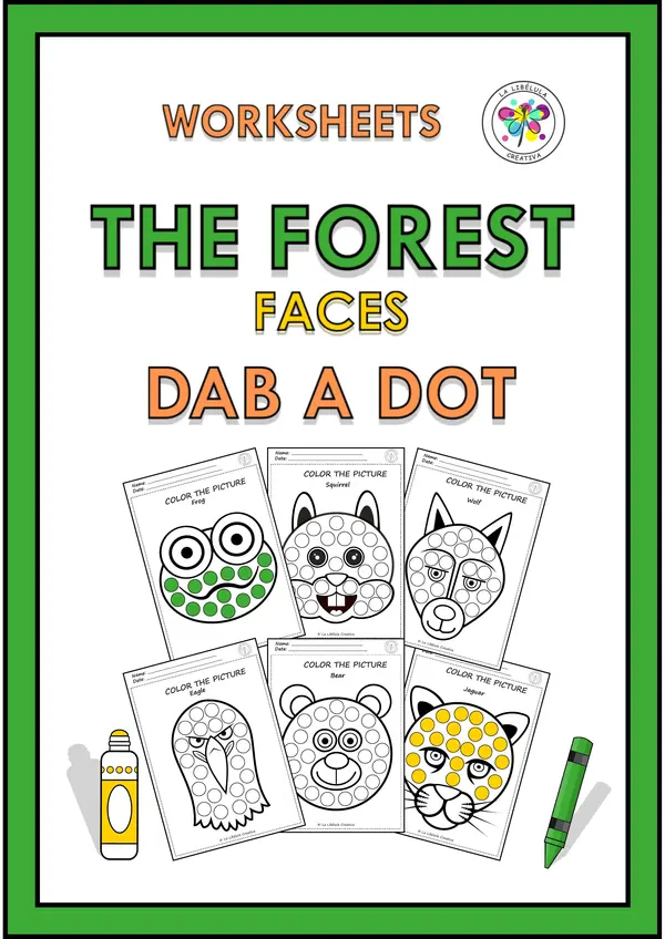 Worksheets coloring dot a dot forest wild animals faces decorate craft ...