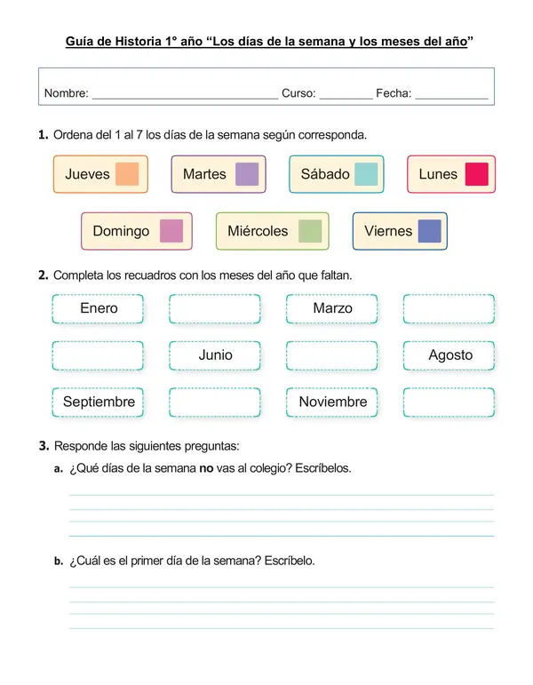 gUía de historia 1°año"Los días de la semana y los meses del año ...