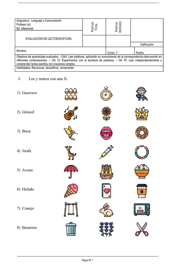 Evaluación de lectoescritura: M - P - L - S - T - D - N - F - C - Q - R - G - B - J - V - H ...
