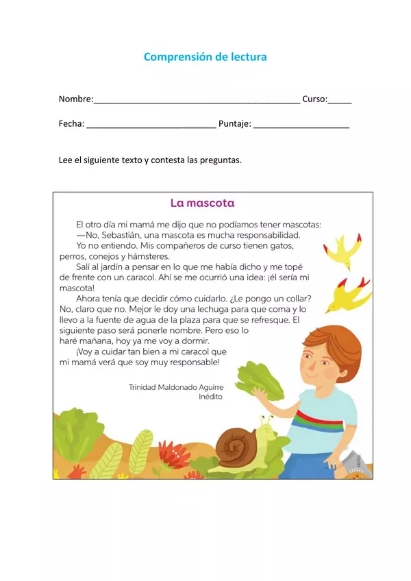 Comprensión de lectura "La mascota" | profe.social