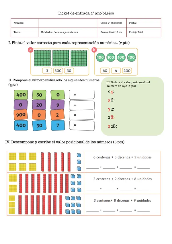 Ticket de Entrada, valor posicional, unidades decenas y centenas 2° año ...