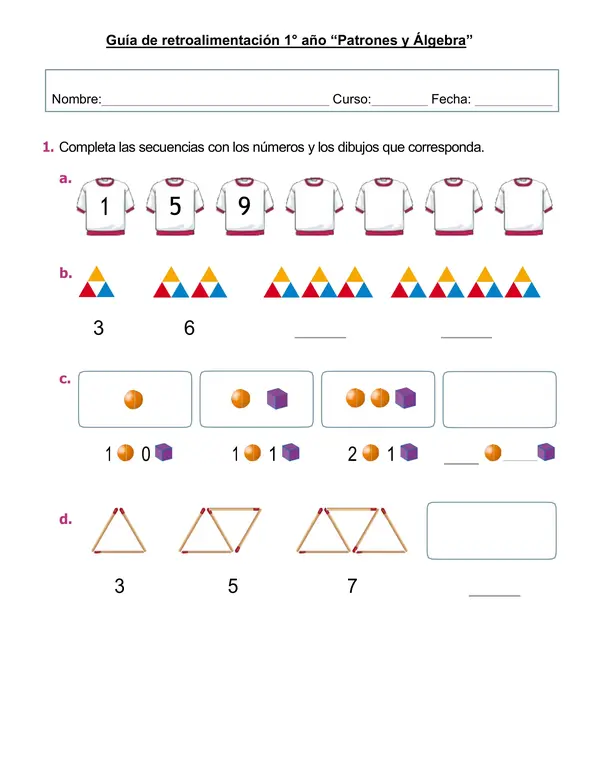 Guía de matemática 1° año básico "Patrones y Álgebra" | profe.social