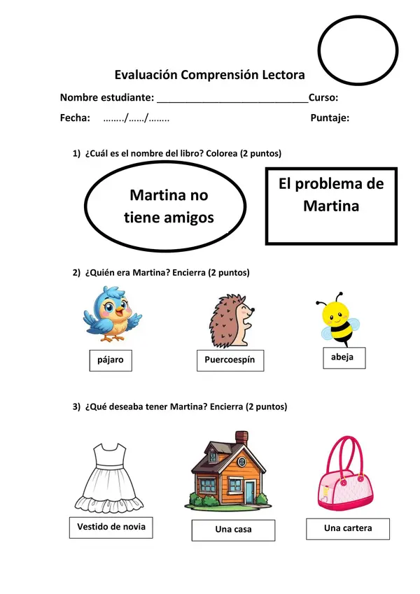 Evaluación comprensión lectora. Libro "El problema de Martina". Autora ...