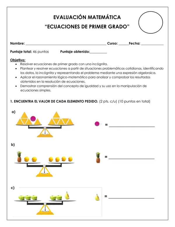 Prueba Matemática - Ecuaciones de primer grado | profe.social